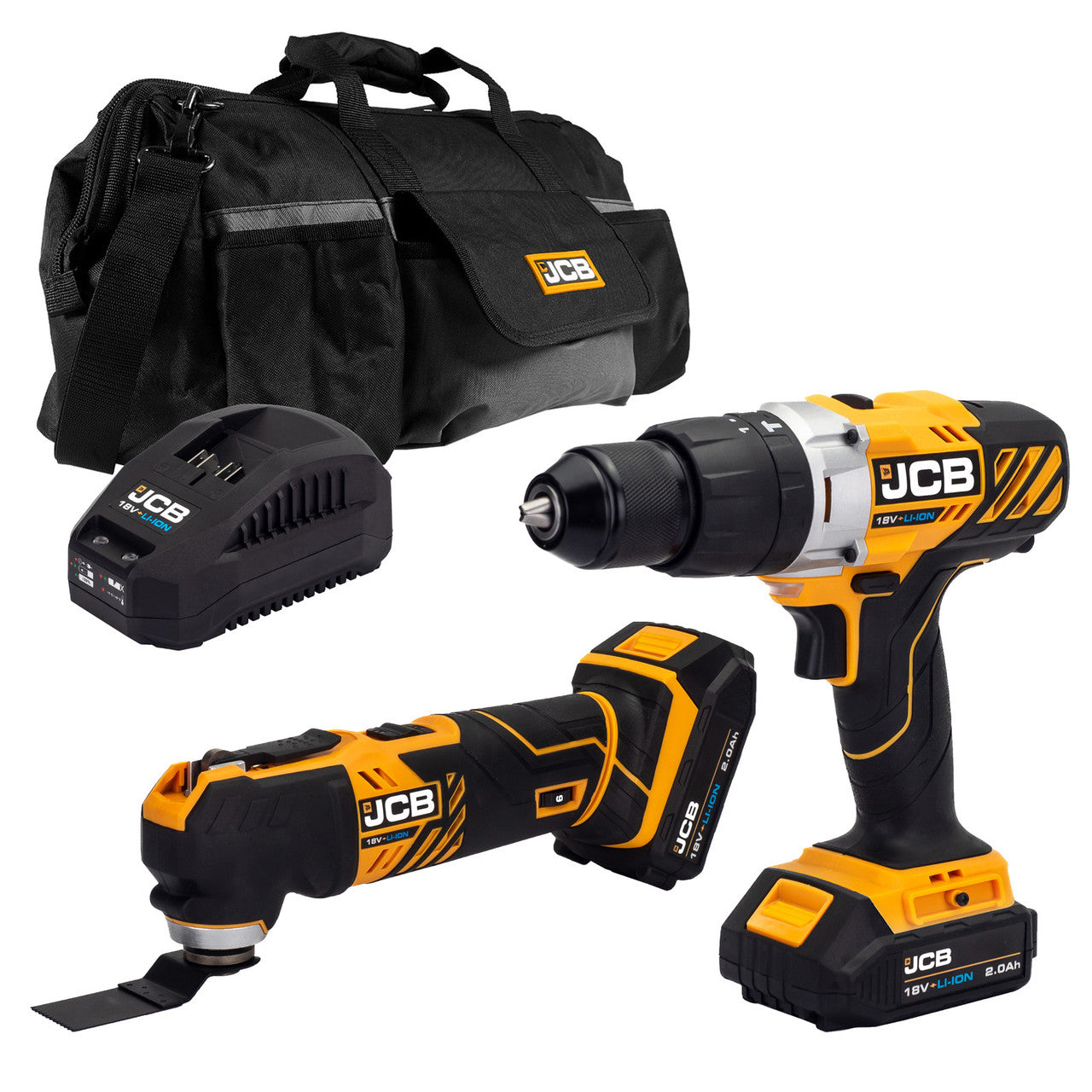 JCB 18V Combi Drill & Multi Tool Kit 2x 2.0ah Li-Ion Batteries, Fast C ...